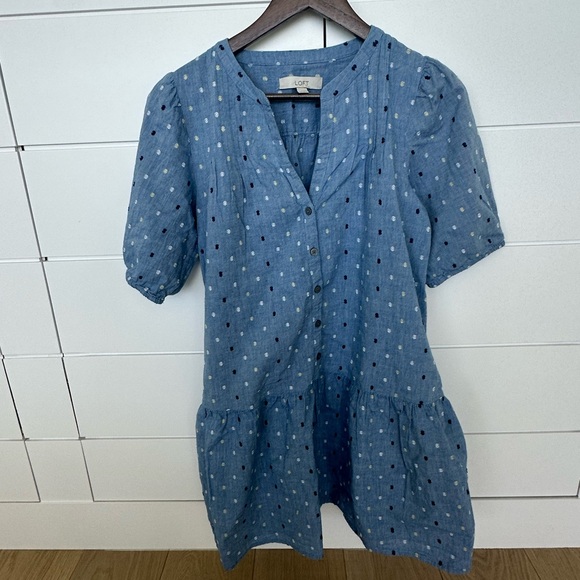 LOFT | Dresses | Loft Blue Vneck Puff Sleeve Dress | Poshmark